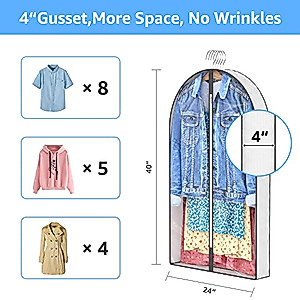 HIIN 40" Garment Bags for Hanging Clothes Storage with 4" Gussetes Clear Suit Bags for Closet Storage, Cover for Jackets Sweaters Shirts Coat, 3 Packs