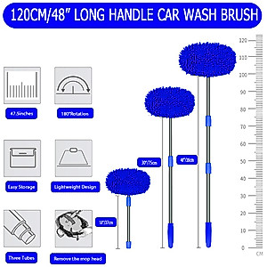WillingHeart 47.5" Car Wash Brush Mop Cleaning Tool with Long Handle Kit for Washing Detailing Cars Truck, SUV, RV, Trailer, Boat 2 in 1 Chenille Microfiber Sponge Duster Not Hurt Paint Scratch Free