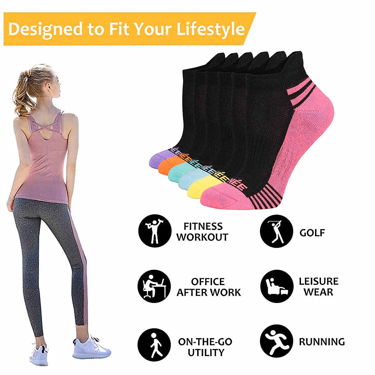 JOYNÉE Womens Low Cut Athletic Socks Heel Tab Colorful Cushioning Ankle Casual Socks 6 Pairs, Black, Size 9-11