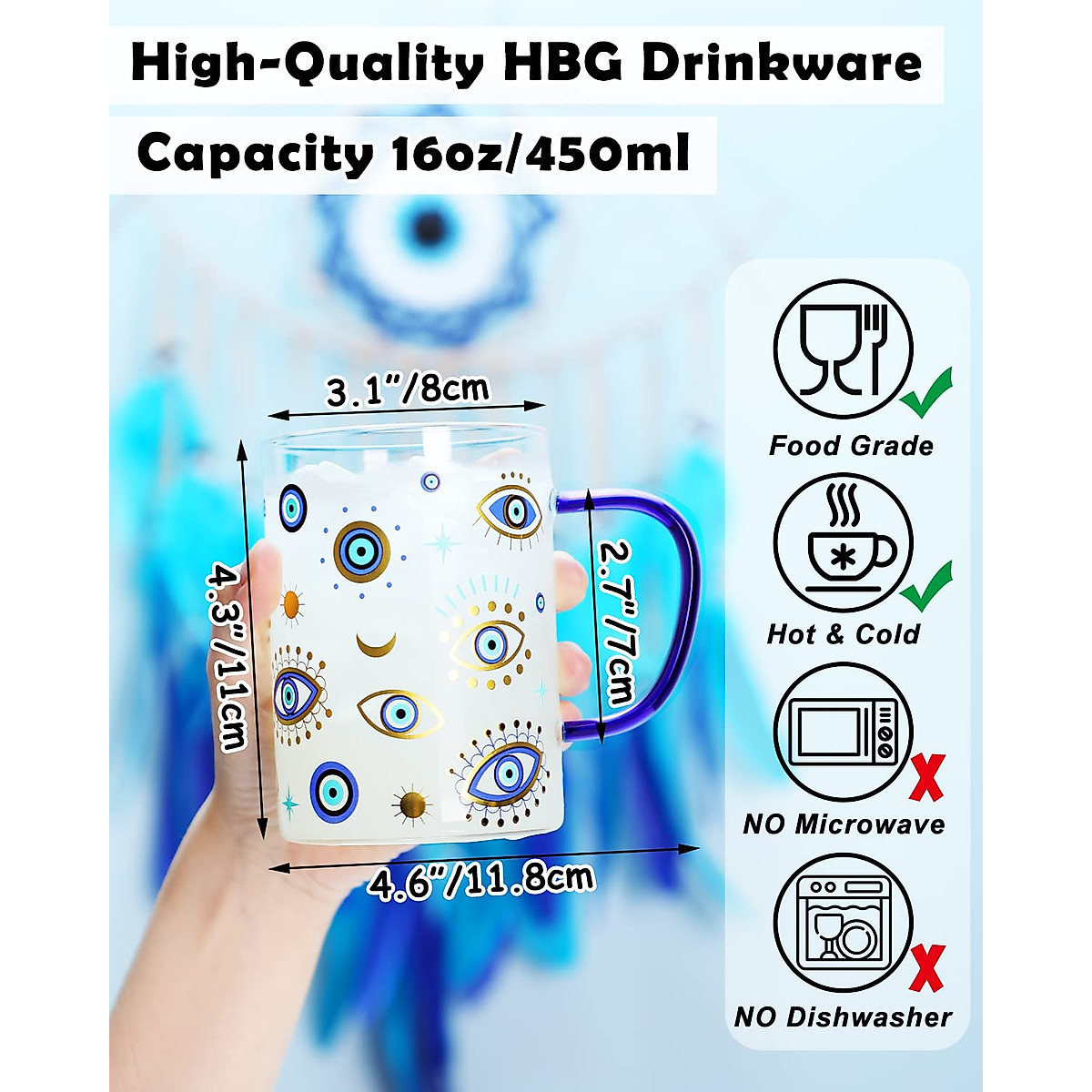 Nefelibata Evil Eye Glass Coffee Cup with Handle 16oz Glass Can for Hot/Cold Beverages Cappuccino Latte Espresso Beer Hamsa Blue Evil Eye for Protection Tumbler Mug Heat-Resistant and Freezer Safe