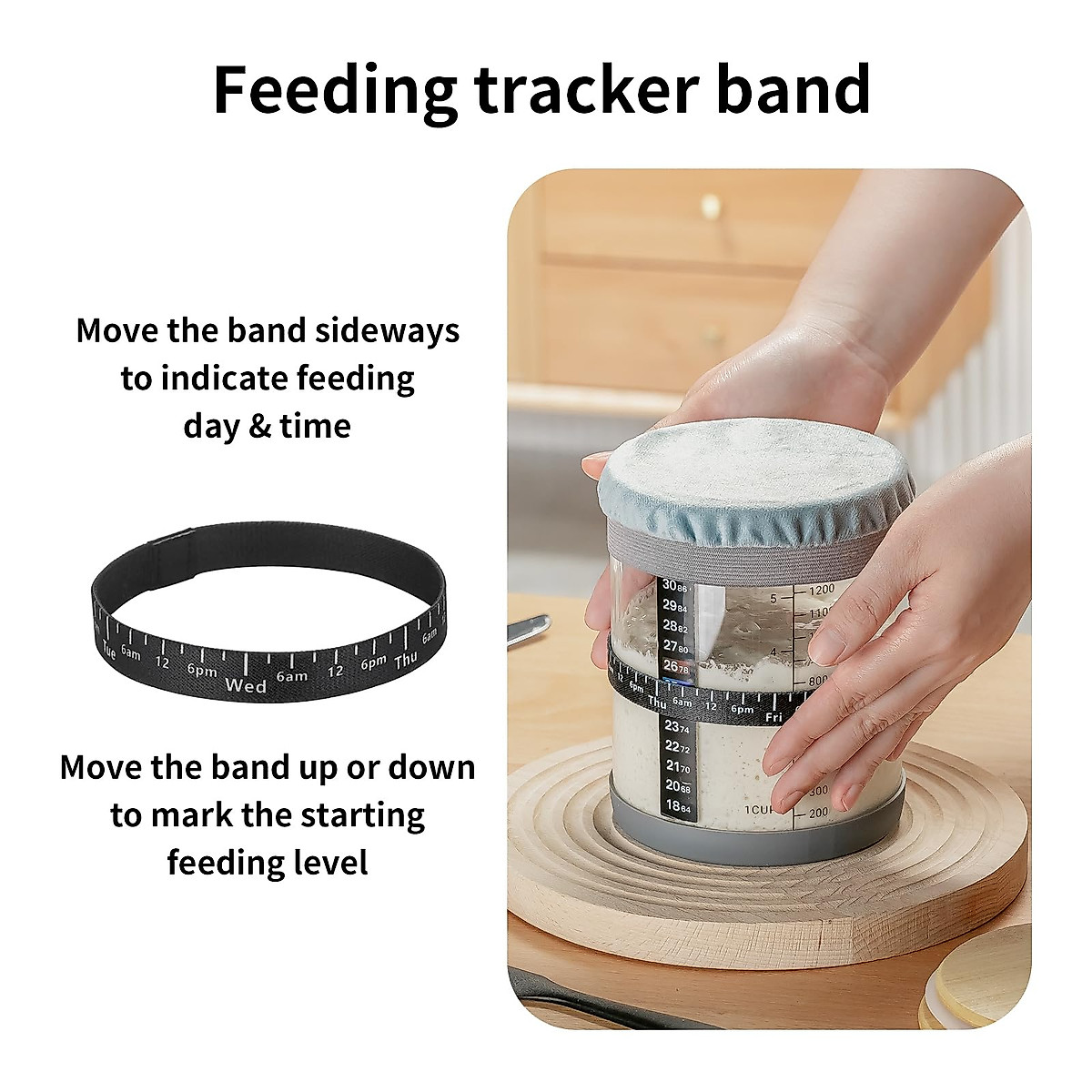 Sourdough Starter Jar,50oz Wide-Mouth with Non-slip silicone rubber Bottom Sourdough Starter Kit,Date Marked Feeding Band, Thermometer, Cloth Cover & Bamboo Lid, Reusable Sourdough Bread Baking