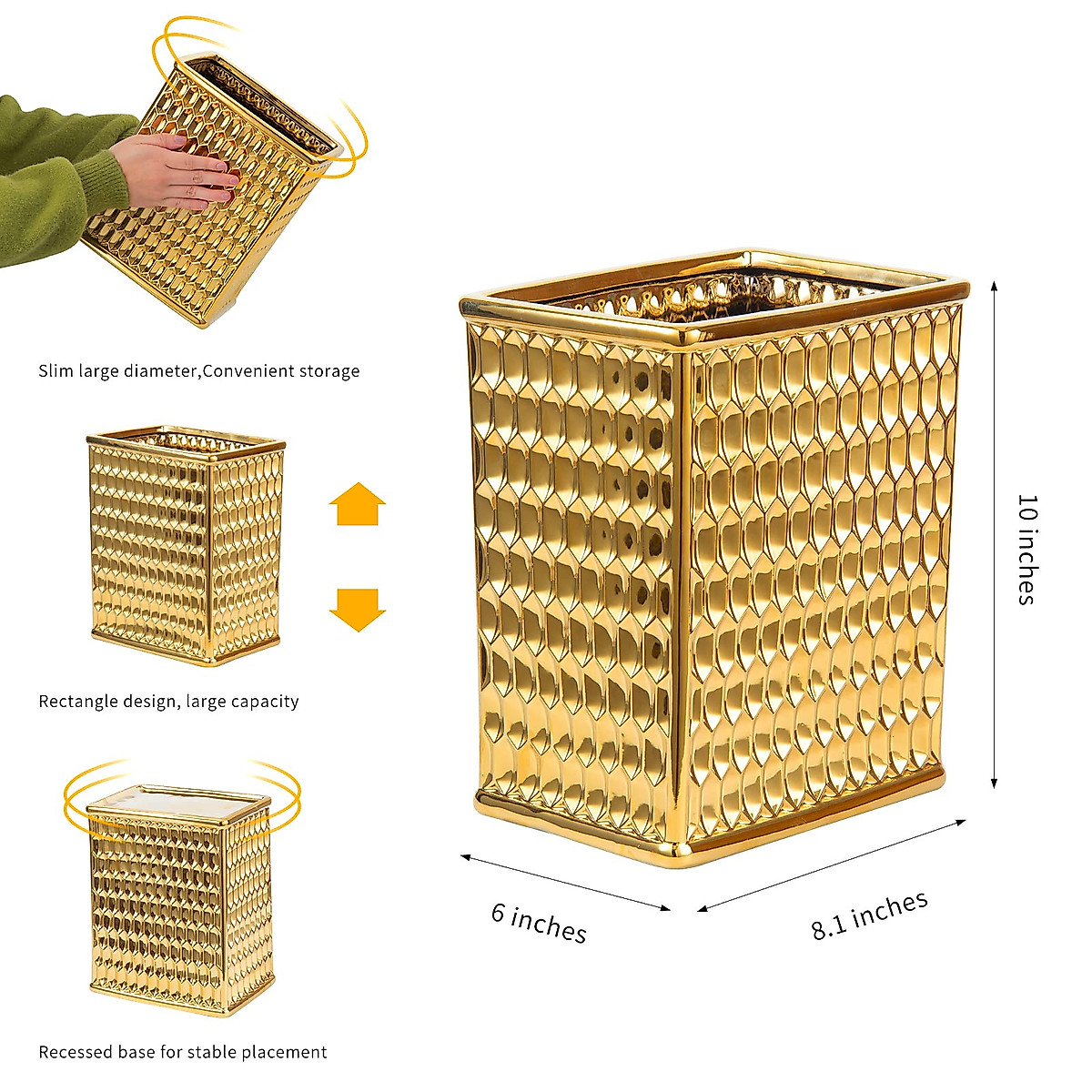 RZCNC Ceramic Gold Square Trash can Waste Basket, Decorative Garbage Can for Bathroom, Bedroom, Home Office, Kitchen, Dorm, College (1.5 Gallon, Small, Open Top)