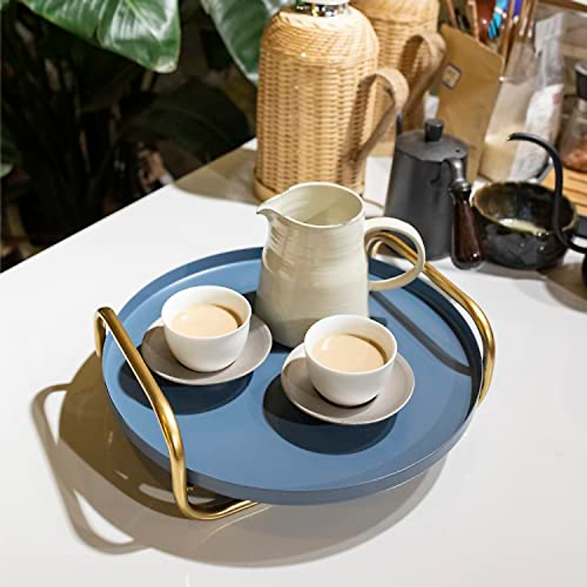 Decorative Trays, Metal Coffee Table Tray, Decorative Serving Tray with Gold Handle, Table Decor for Coffee Table, Coffee Bar, Kitchen Counter, Dining Table, Home Decor, Decorative Table