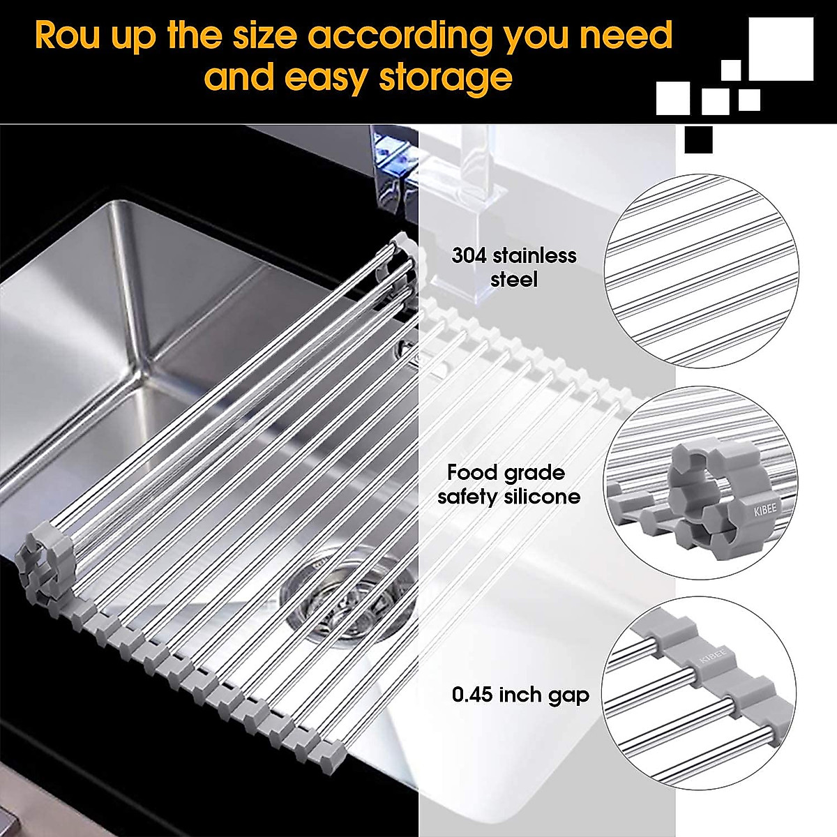 KIBEE Dish Drying Rack, 304 Stainless Steel Roll Up Over The Sink Drainer for Cups Fruits Vegetables,Gadget Tool for Many Kitchen Task(17.75 x 13.75 Gray)