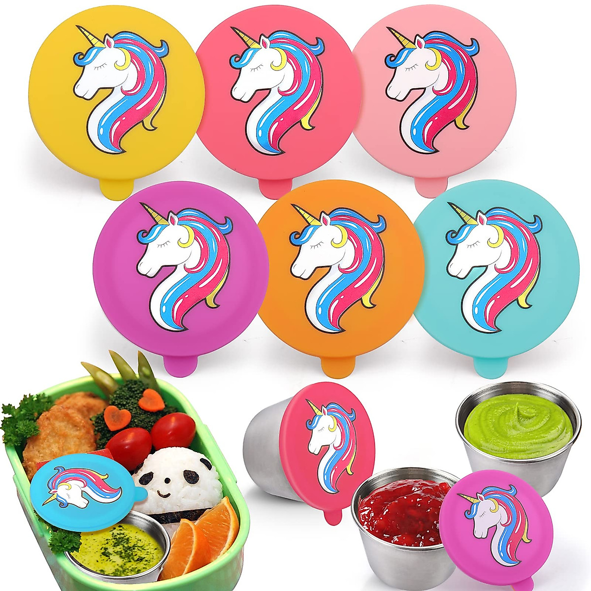 Salad Dressing Container Silicone Lids, 6 Pack Replacement Lids for Most Diameter 2.36in Stainless Steel Condiment Sauce Cups, Kids Bento Lunch Box Accessories (Cups are not Included)