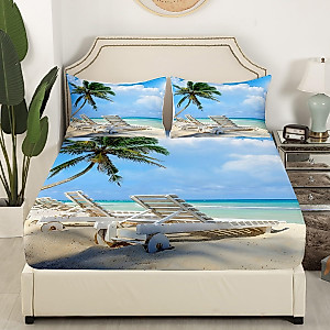 Erosebridal Hawaii Beach Bed Sheets Set Full Size, Tropical Sheets, Ocean Beach Decor Sheets, Palm Tree Flat Fitted Sheet, Summer Holiday Style Sheet Set, Coastal Bedding Bedroom Decor, 4Pcs