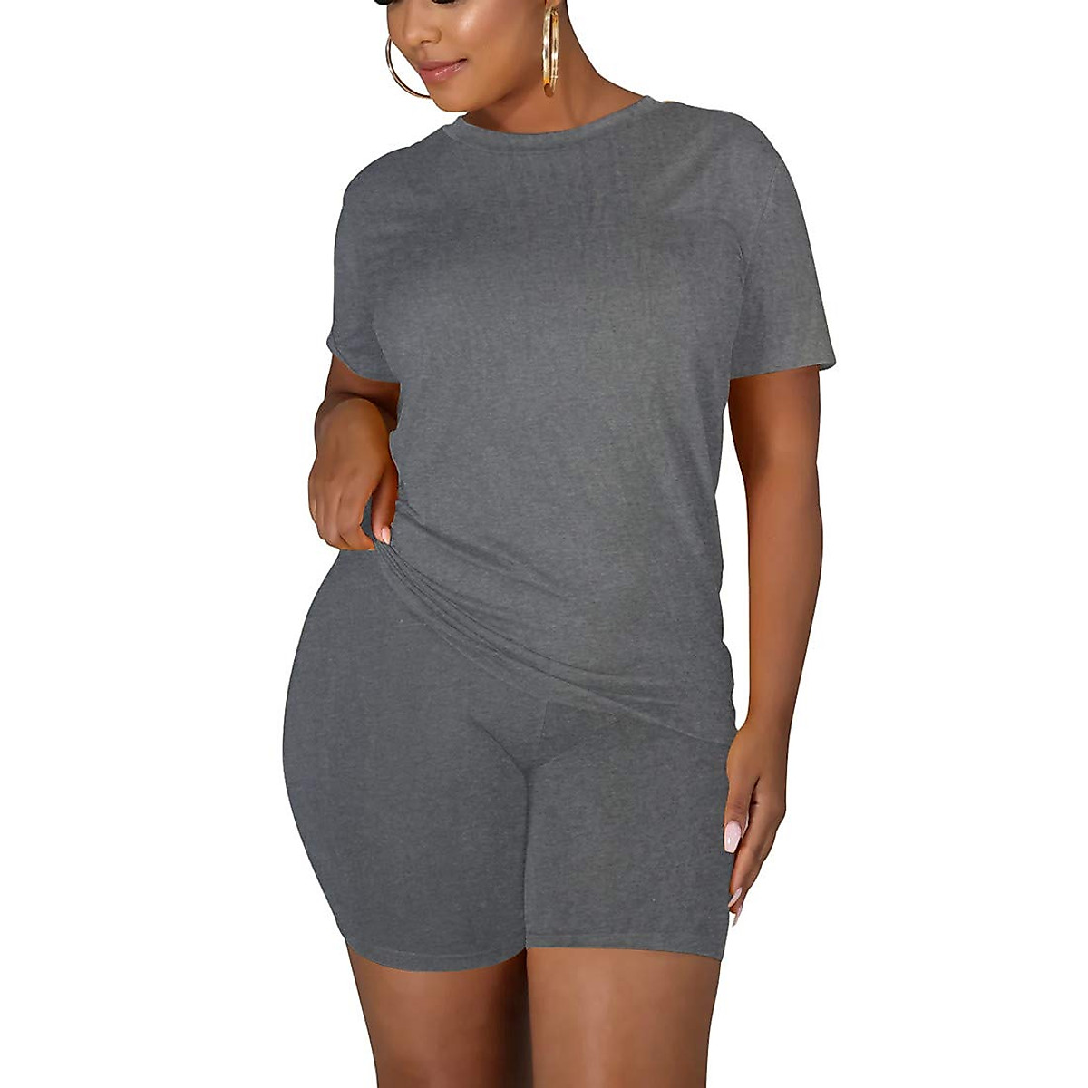 Kaximil Women's 2 Piece Club Outfits Casual Top T Shirt Biker Legging Shorts Set, Medium, Grey