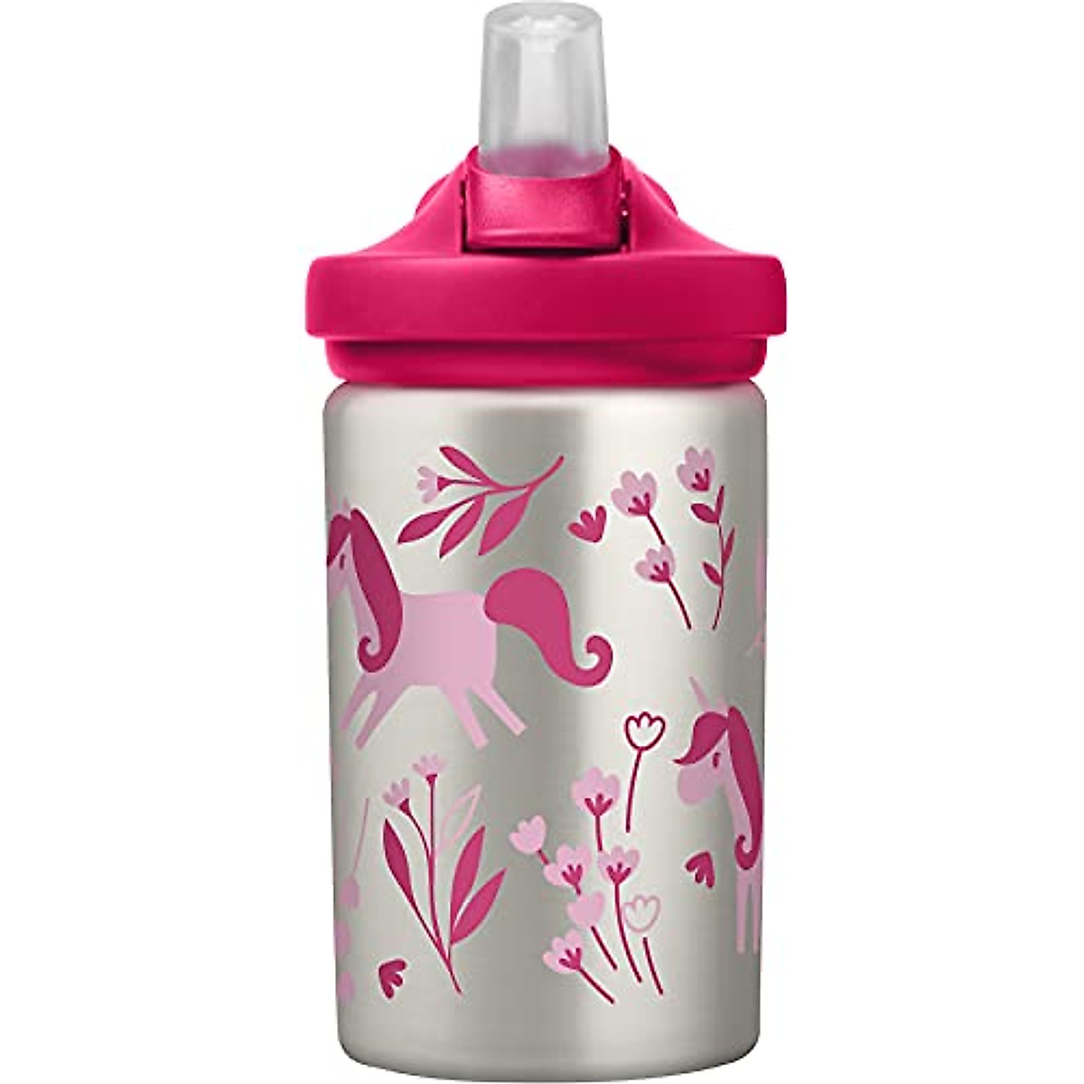 CamelBak Eddy+ Kids Water Bottle, Stainless Steel with Straw Cap, 14 oz, Unicorn & Blooms - Spill-Proof When Open, Leak-Proof When Closed, Model Number: 2305104040