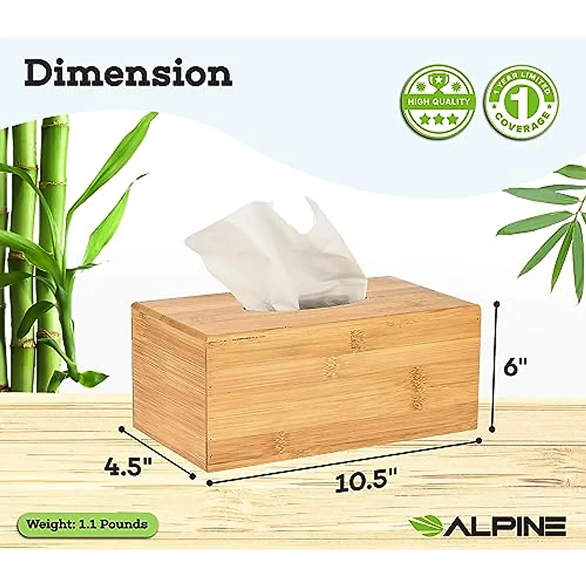 Alpine Industries Wooden Bamboo Rectangular Tissue Box Cover - Eco Friendly Pull Holder/Dispenser - Decorative Organizer for Bathroom, Office Desk & Car (Bamboo)