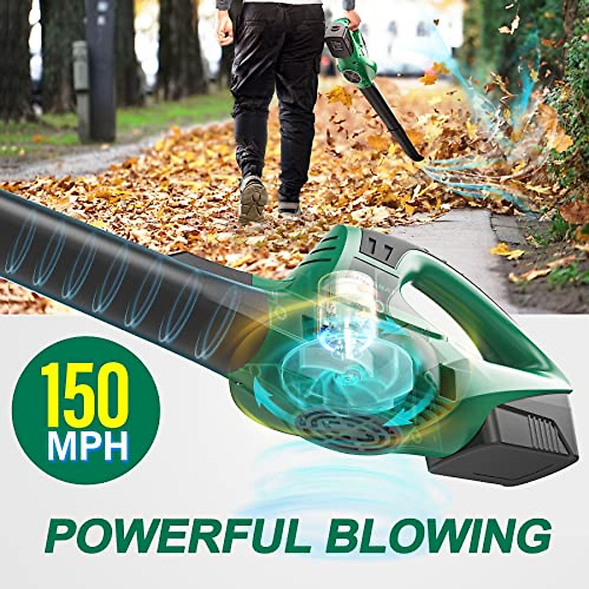 Leaf Blower Cordless with Battery and Charger 20v 150MPH 2.0Ah Battery Powered Operated Leaf Blower Lightweight Sweeper for Lawn Care, Yard, Driveway, Grass Clippings, Easy to Use, Long Battery Life