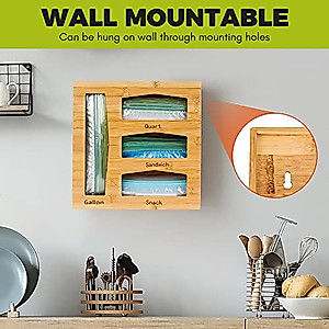 Planksy Ziplock Bag Organizer - Durable Bamboo Bag Storage Organizer with 4 Compartments - Wall Mount Bamboo Kitchen Organizer for Snack/Gallon/Sandwich/Quart Plastic Bags - 12 x 12 x 3 inch