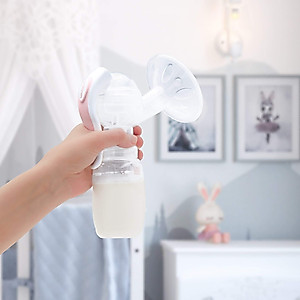 Unimom Manual Breast Pump with Soft Silicone Massaging Breast Shield – Ergonomic Rubber Handle - Includes Bottle and Stand - BPA Free – by Unimom