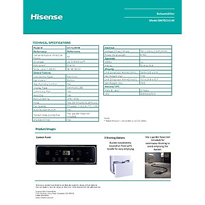Hisense 50 Pint 3-Speeds Dehumidifier, 3 Modes – Auto, Continuous, Manual, 115v, LED Display, Noise Level 46 dB, 24-hour on/off timer, Up to 4500 sq. ft. - DH7021K1W (Renewed)