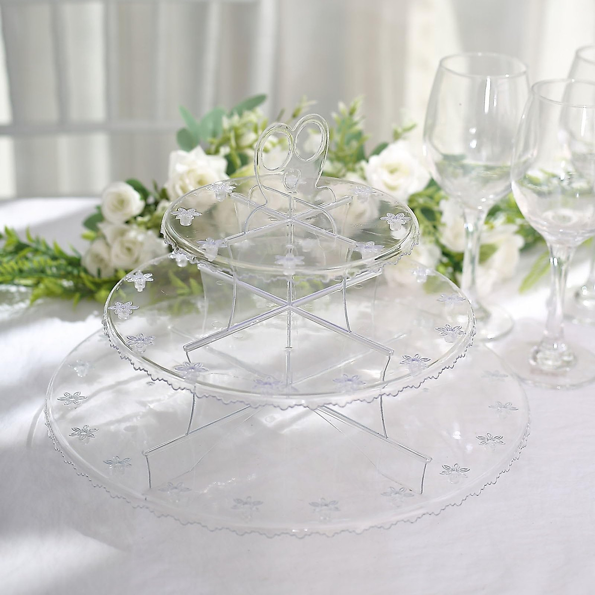 Efavormart 12" Clear 3-Tier Round Reusable Plastic Cake Pop Holder Cupcake Stand Dessert Tower with Floral Cut Rims