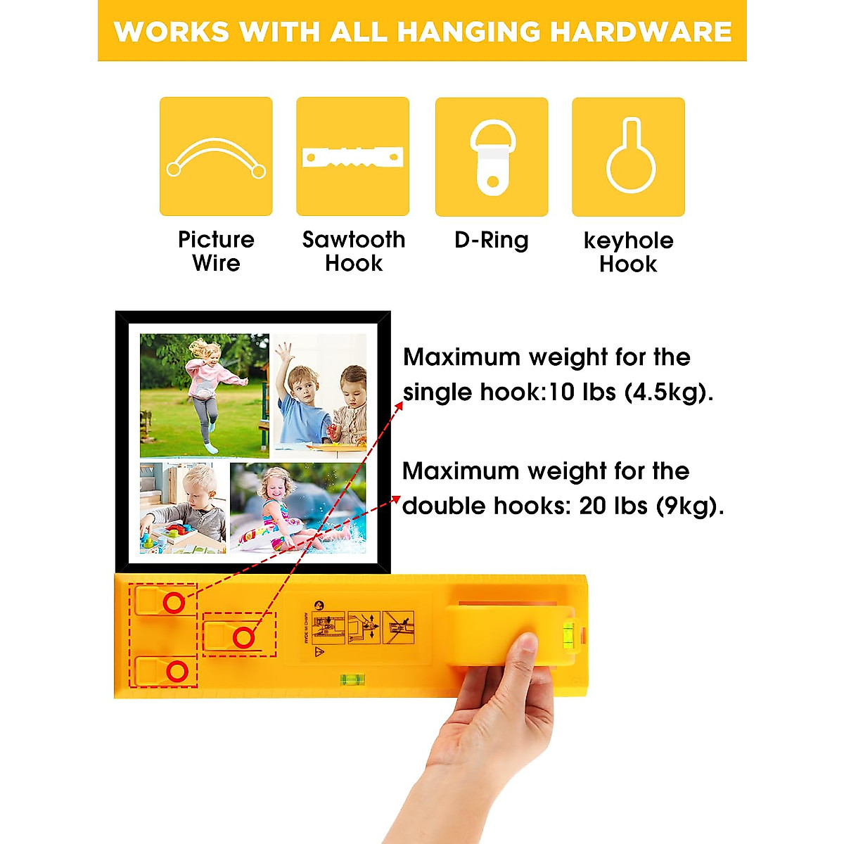 Stalishare Goodsnova Picture Hanging Tool with Level and Position Nail, Instaframe Kit Quick Hang and Level, Easy Picture Hanger Helper for Wall Frame/ Art/ Painting/ Photo/ Poster (Plastic, Yellow)
