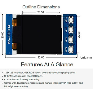 Bicool 1.44inch LCD Display Module for Raspberry Pi Pico, 128×128 Resolution TFT Display Panel 65K RGB Display Color Clear and Colorful Display Effect, ST7735S Driver SPI Interface 3.15V ~ 5V