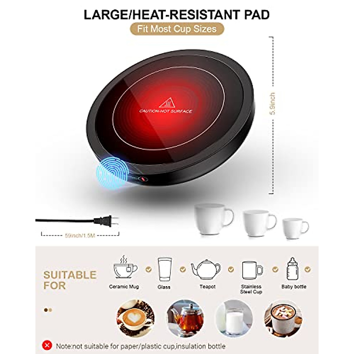 Coffee Mug Warmer, 36W Coffee Cup Warmer with 3 Temperature Settings (105℉-180℉) and 4 Hours Auto Shutt-Off Function for Office Home Desk Use,Electric Beverage Warmer for Keep Coffee Tea Milk Hot