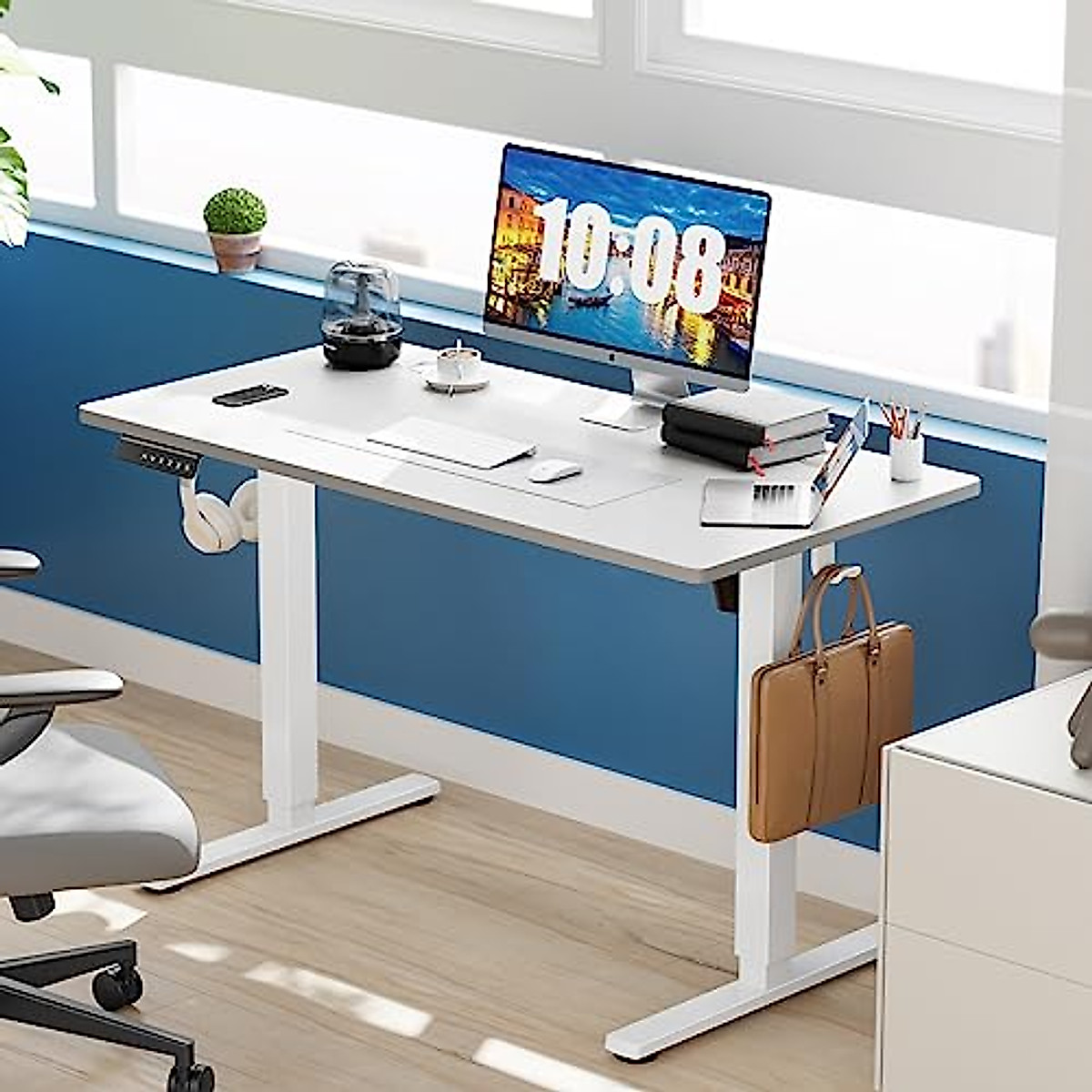 DUMOS Electric Height Adjustable 40 x 24 Inches Ergonomic Memory Preset, Sit Computer Home Office Desk Standing Table with T-Shaped Metal Bracket, White, 4024