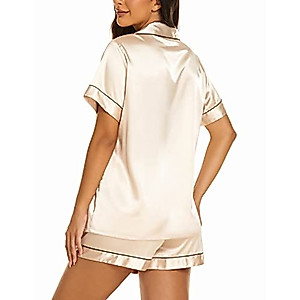 Ekouaer Womens Satin Silk Short Sleeve Button Down Top and Shorts Sleepwear Pajamas Set, Champagne, Medium