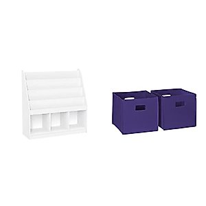 RiverRidge Kids Three Cubbies Bookrack, White (02-251) & 2 Pc Folding Storage Bin Set, No Size, Dark Purple, 2 Piece