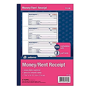 Adams Money and Rent Receipt Book, 3-Part, Carbonless, White/Canary/Pink,7 5/8" x 10 7/8", 100 Sets per Book, 5 Books, 500 Sets Total (TC1182)