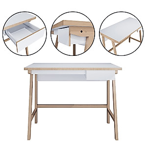 FRSTONE Pine Wooden Home Office Desk White Oak 39.3 x 29.5 Inch Computer Desk with Storage Drawer for Studing, Writing, Simple Style Study Table, Console Laptop Table, White Desktop