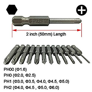 YDLQWCZ Phillips Cross Screwdriver Bits, 12Pcs 1/4 Hex Shank Magnetic Cross Phillips Screw Head Screwdriver Bits Electric Screwdriver Set Power Tools | 2 inch length