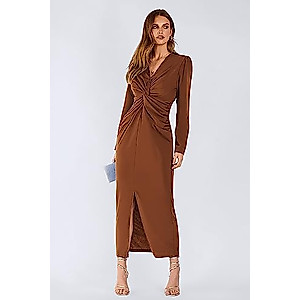 PRETTYGARDEN Women's Spring Fall Fashion Long Puff Sleeve Maxi Dresses V Neck Twist Front Formal Dress with Slit (Coffee,Large)