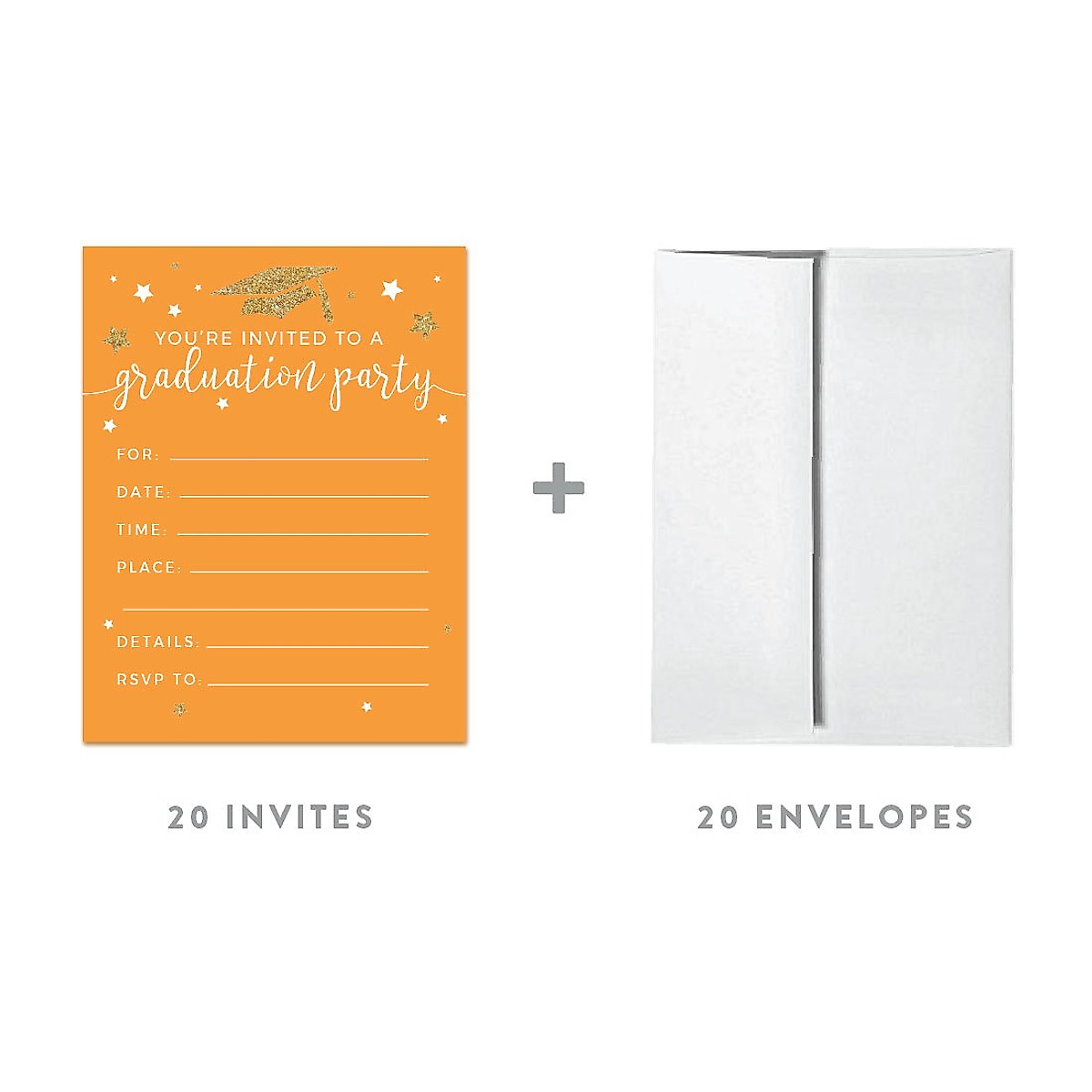 Andaz Press Orange and Gold Glittering Graduation Party Collection, Blank Invitations with Envelopes, 20-Pack