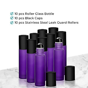 Your Oil Tools 10 Pack Essential Oil Roller Bottles, 10ml Empty Purple Frosted Glass Roll-on with Leak Guard Stainless Steel Roller Balls & Black Caps for oils and perfume