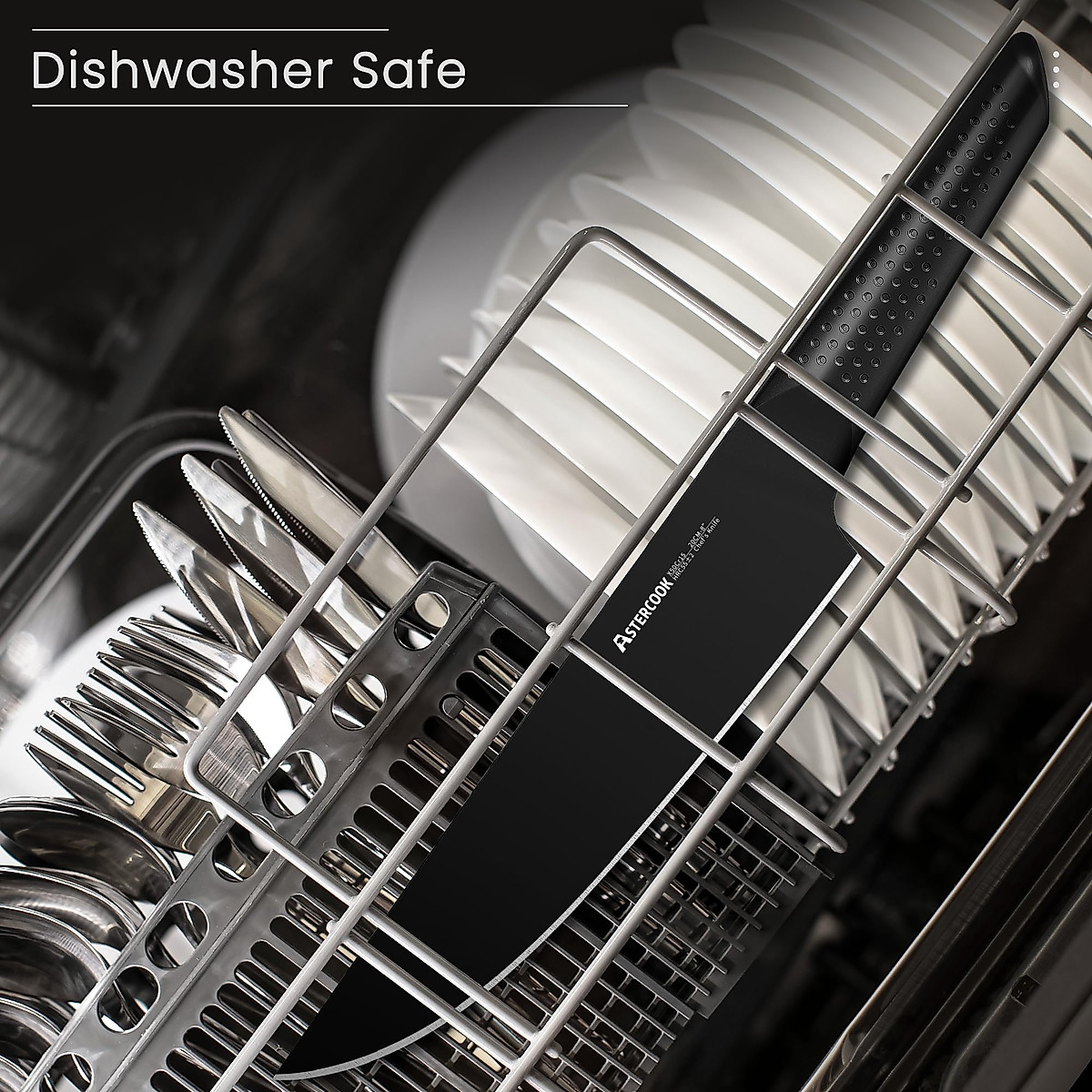 Astercook Knife Set, 15 Pieces Kitchen Knife Sets with Block and Built-in Knife Sharpener, German Stainless Steel Handle One-Piece Design Knives Block Set Dishwasher Safe, Black