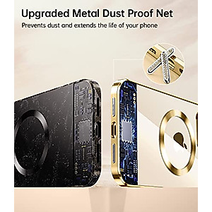 JUESHITUO Magnetic Glossy Clear for iPhone 12 Pro Max Case with Full Camera Cover Protection [No.1 Strong N52 Magnets] [Military Grade Drop Protection] for Women Girls Magsafe Case (6.7")-Gold