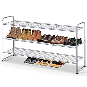 KIMBORA Metal Long Shoe Rack for Closet, 3 Tier Wide Shoe Organizer for Entryway, 24 Pairs Stackable Shoe Storage Shelf for Bedroom Floor with Wire Grid (Grey)