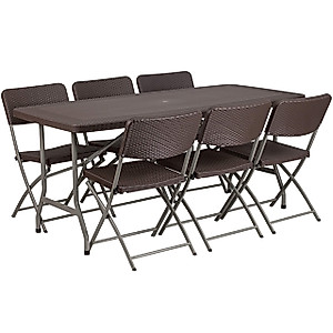 Flash Furniture 5.62-Foot Brown Rattan Indoor-Outdoor Plastic Folding Table Set with 6 Chairs