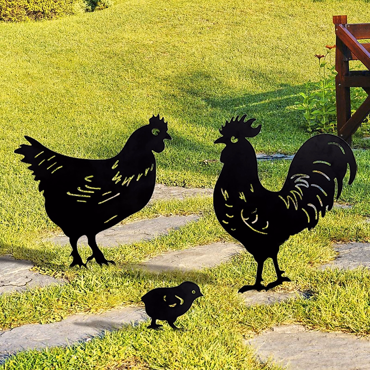 TT & MM Metal Chicken Yard Decor 3 Pcs Rooster Garden Stakes,Chicken Gifts for Women/Men,Hen/Chicks Silhouette Statues for Yard Art,Backyard,Patio,Lawn Ornaments,Outdoor Decor