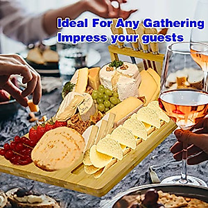 Mondax Premium Bamboo Cheese Board Wooden Charcuterie Platter and Sever Tray with 4 Stainless Steel Knife Thick Fancy Cheese Board Set Kitchen Living-Room House Warming Wedding Ideal