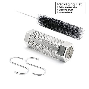 Meshscreen Pellet Smoker Tube 6 inches - 5 Hours of Billowing Smoke，Stainless Steel Pellet Smoker Tube for All Grill or Smoker for Cold/Hot Smoking,with 2 S Shape Hooks+1 Cleaning Brush