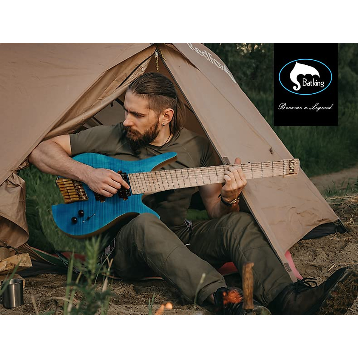 Batking Headless Electric Guitar, 8 String Fanned Fret Travel Guitar (blue)