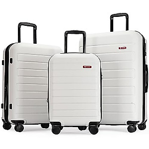 GinzaTravel 3-Piece ABS Luggage Set with TSA Locks, Expandable, and Friction-Resistant in white - Includes 20", 24" & 28" Spinner Suitcases