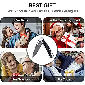 SHIELDON Barraskewda Folding Knife 3.74" Gray Titanium Coating D2 Steel Reverse Tanto Point Blade Stainless Steel and Carbon Fiber Handle Frame Lock Pocket Knife