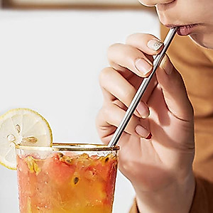 ERCRYSTO Reusable Stainless Steel Long Handle Straws Spoon, 6 Pieces 8.6", with 1 Cleaning Brush (circular)