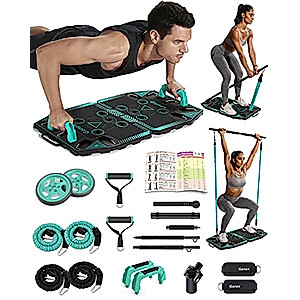 Gonex Portable Home Gym Workout Equipment with 14 Exercise Accessories Ab Roller Wheel,Elastic Resistance Bands,Push-up Stand,Post Landmine Sleeve and More for Full Body Workouts System,Green