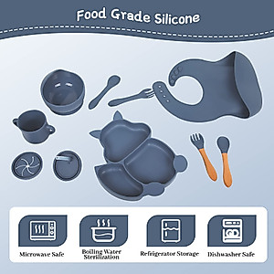 Silicone Baby Feeding Set,11Pack Toddlers Weaning Feeding Sippy Cup with Straw and Lid,Baby Bibs,Squirrel Plate Bowl With Suction,Baby Feeding Supplies Set (Squirrel-Deep Blue)