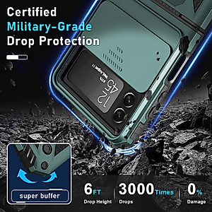 Janmitta Samsung Galaxy Z Flip 4 Case Built in Slide Camera Lens Cover+Hinge Protection+Finger Ring Stable Kickstand, Heavy Duty Shockproof Full Body Protective Phone Cover,2022 Dark Green