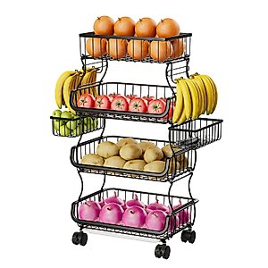 Simple Trending 4 Tier Rolling Cart, Stackable Fruit Vegetable Basket with Wheels and 2 Hanging Basket, Kitchen Storage Metal Wire Basket Stand for Vegetable Bread Snacks, Black
