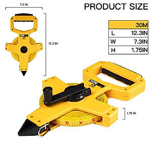 HOGARSWE Open Reel Fiberglass Tape Measure, 100 Foot Tape Measure by 1/2-Inch, Inch/Metric Scale for Engineer,Outdoor, Athletic Field, Impact Resistant ABS Shell (100FT/30M）