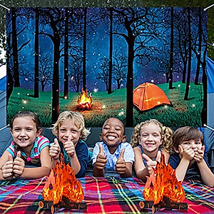 Forest Scene Camping Backdrop Camping Photography Background Camping Photo Backdrop and 2 Sets 3D Decorative Cardboard Campfire Centerpiece Artificial Fire Party Decoration for Camping Theme Party
