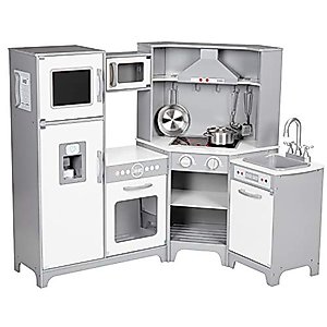 Amazon Basics Kids Corner Wooden Kitchen Toy Playset with Stove, Oven, Sink, Fridge and Accessories, for Toddlers, Preschoolers, Children Age 3+ Years, White & Gray, 39.37"L x 28.35"W x 35.04"H