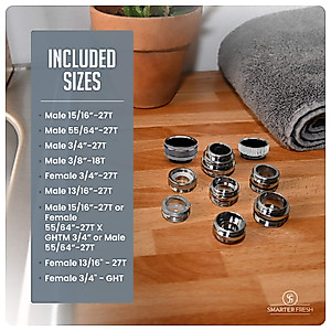 SmarterFresh 9-Piece Faucet Adapter Kit, Brass Aerator Adapter Set to Connect Garden Hose, Water Filter, Standard Hose via Diverter, in RV & Other - Male & Female Faucet Adapter for Sinks