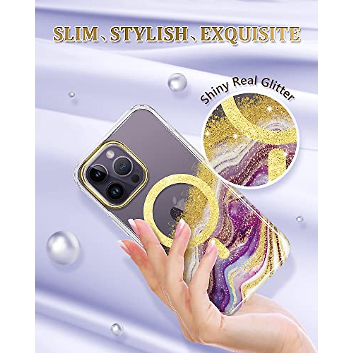 JIAXIUFEN Magnetic Designed for iPhone 14 Pro Max Case Clear, Compatible with MagSafe, Sparkle Glitter Slim Thin Shockproof Protective Transparent Phone Case, Marble Gold